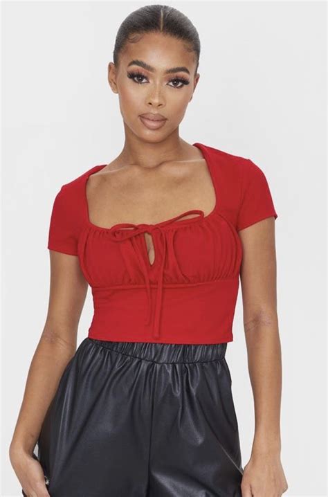 Red Tie Front Crop Top Fitted Red Crop Top For Club Fitted Red
