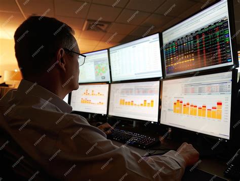 Professional Reviewing Quarterly Earnings With Multiple Monitors Displaying Data Analysis