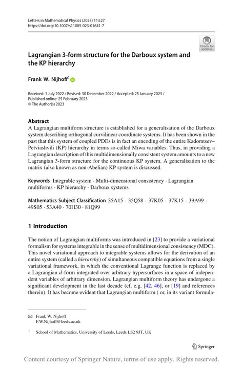Pdf Lagrangian 3 Form Structure For The Darboux System And The Kp Hierarchy