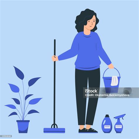젊은 여성은 집의 청소를한다 여자는 걸레와 양동이를 들고있다 걸레에 대한 스톡 벡터 아트 및 기타 이미지 걸레 대걸레 벡터 Istock