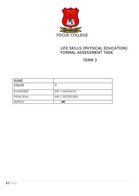 Pe Formal Assessment Task Term 3 Grade 5 Participation And Performance