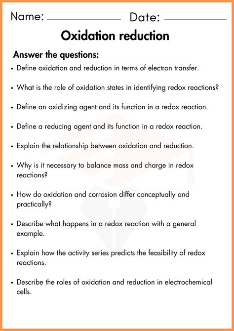 Oxidation Reduction Worksheets