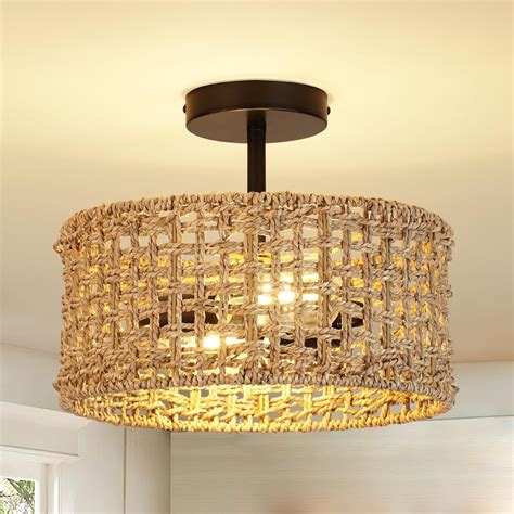 Lustre Plafond Encastré Style Bohème Lustre Luminaire Tressé Naturel