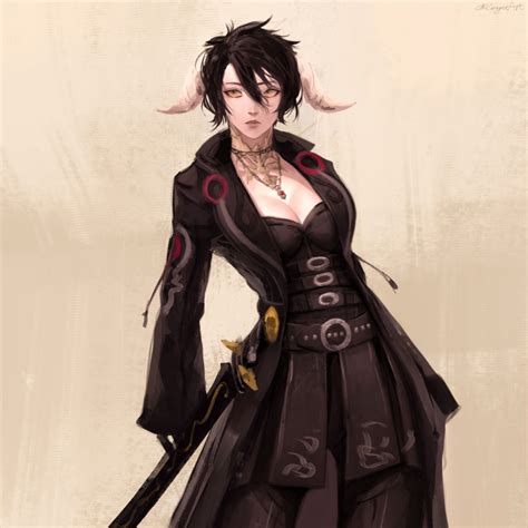 Safebooru 1girl Au Ra Bangs Black Hair Breasts Cleavage Dragon Horns
