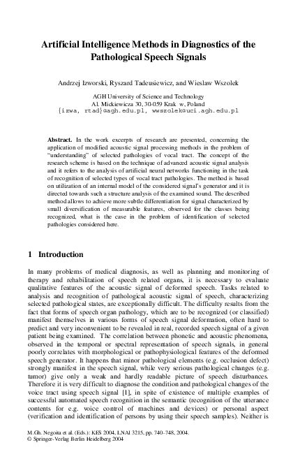 Pdf Artificial Intelligence Methods In Diagnostics Of The Pathological Speech Signals
