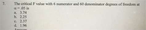 Solved 7 The Critical F Value With 6 Numerator And 60