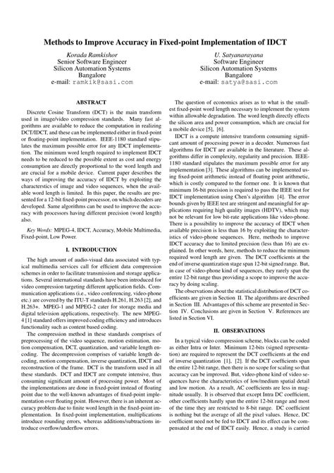 Pdf Methods To Improve Accuracy In Fixed Point Implementation Of Idct