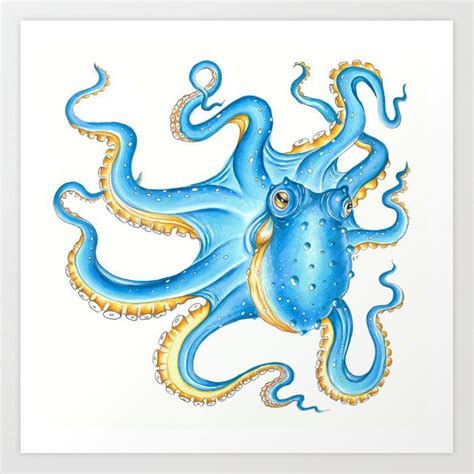 Blue Octopus Kraken Tentacles Nautical Marine Ink Art Art Print By
