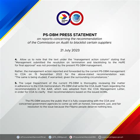 Ps Dbm Press Statement Reports About Coas Recommendation To Blacklist Certain Suppliers