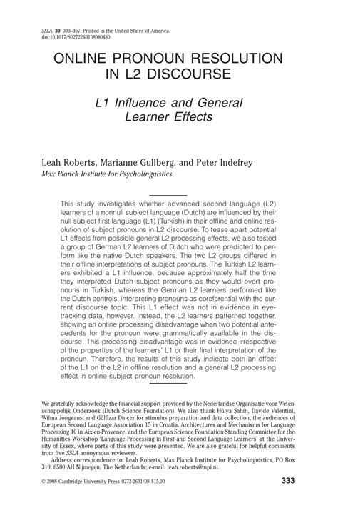 Pdf Online Pronoun Resolution In L2 Discourse L1 Influence And General Learner Effects