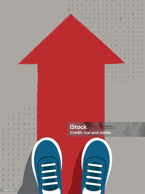 운동화를 신은 발은 그려진 빨간색 화살표 기호에 서 있습니다 개념에 대한 스톡 벡터 아트 및 기타 이미지 개념 거리 교통 신호 표지판 Istock