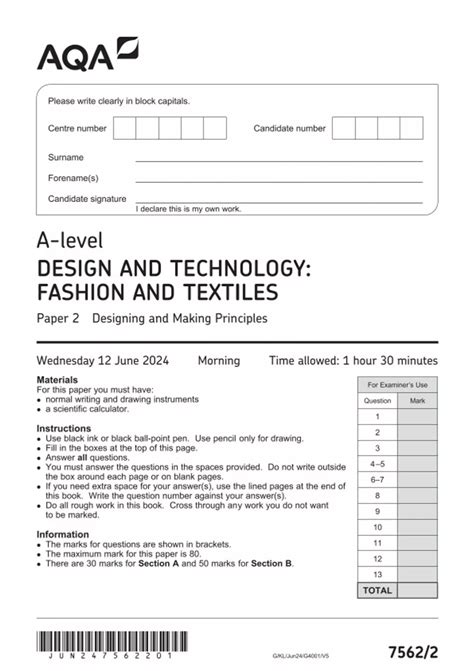 aqa a level design and technology fashion and textiles paper 1 and 2