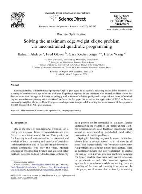 Pdf Solving The Maximum Edge Weight Clique Problem Via Unconstrained