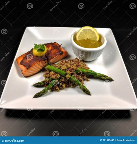 Grilled Salmon With Quinoa And Asparagus On A White Plate Stock Illustration Illustration Of