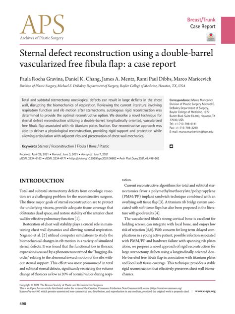 Pdf Sternal Defect Reconstruction Using A Double Barrel Vascularized Free Fibula Flap A Case