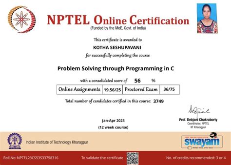 nptel certification cprogramming problemsolving continuouslearning kotha seshu pavani