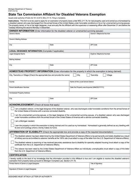 Michigan Veterans Property Tax Exemption Form Fill Out And Sign Online