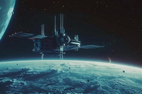 Premium Photo Futuristic Space Station Orbiting A Distant Planet