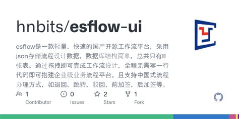 GitHub hnbits esflow ui esflow是一款轻量快速的国产开源工作流平台采用json存储流程设计数据数据库结构简单总共只有 张表通过拖拽即可完成工作流设计