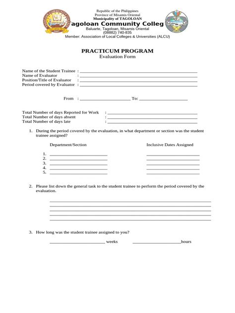 Tagoloan Community College Evaluation Form Pdf