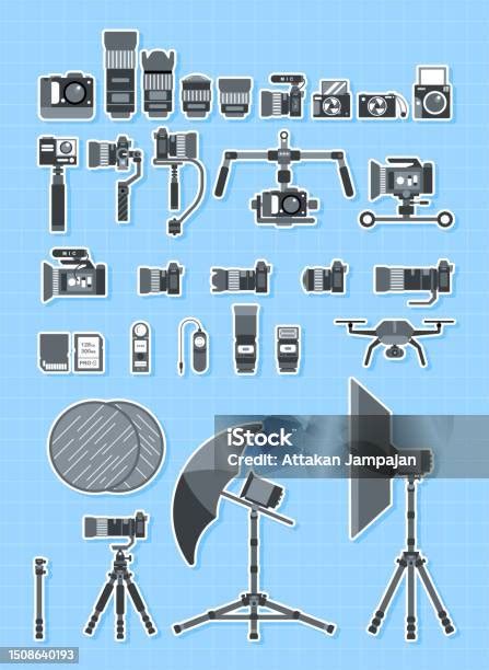 Set Ikon Peralatan Fotografi Desain Datar Ilustrasi Stok Unduh Gambar Sekarang Bekerja