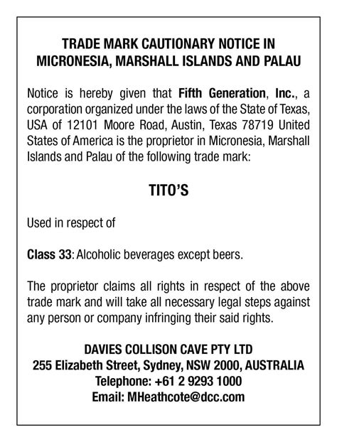 Trade Mark Cautionary Notice For Titos In Micronesia Marshall Islands