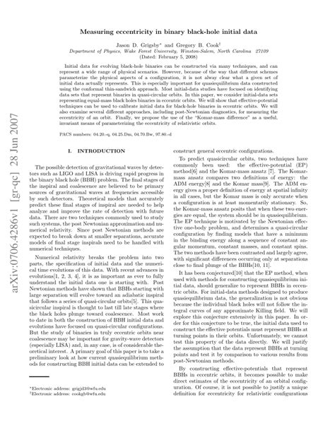 Pdf Measuring Eccentricity In Binary Black Hole Initial Data