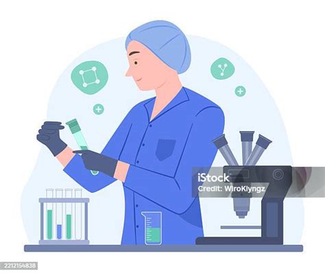 과학 실험 개념 일러스트레이션을 위해 화학 실험실에서 실험실 플라스크 튜브로 화학 물질을 테스트하는 여성 과학자