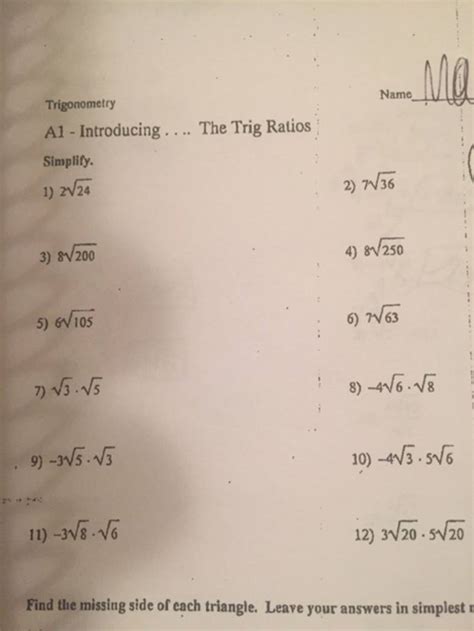 solved a1 introductiong the trig ratios simplify 2square root