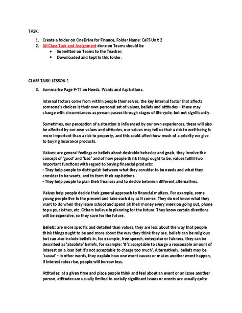 Summary Task Task Create A Folder On Onedrive For Finance Folder Name Cefs Unit 2 All Class