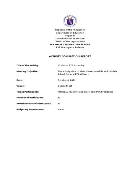 Narrative Report On 1st Virtual Pta Assembly Pdf Wellness