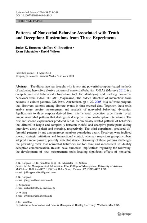 Pdf Patterns Of Nonverbal Behavior Associated With Truth And Deception Illustrations From