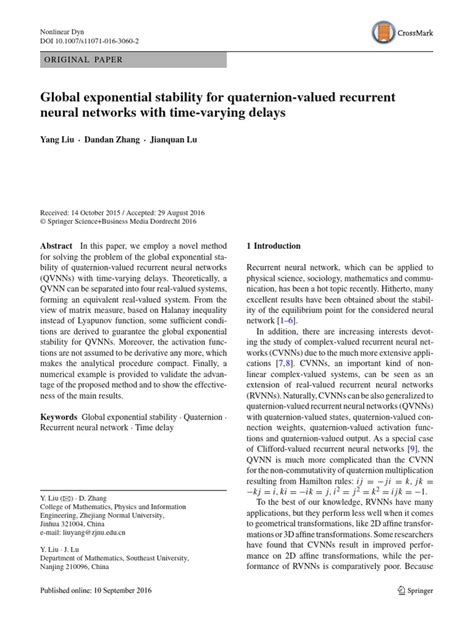 Refrence No 5global Exponential Stability For Quaternion Valued Recurrent Neural Networks With Refrence No 5global Exponential Stability For Quaternion Valued Recurrent Neural Networks With