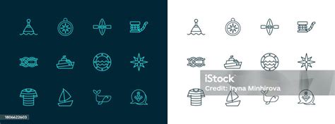 밧줄 요트 범선 선박 현창 고래 스피드 보트 카약 및 패들 플로팅 부표 및 나침반 아이콘이있는 해양 볼라드를 설정합니다 벡터 경계 표지에 대한 스톡 벡터 아트 및 기타