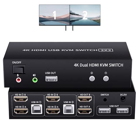 2 Ports Dual Monitor KVM Switch 4K 60Hz KVM Switch 2 Monitors 2 Computers KVM Dual Monitor