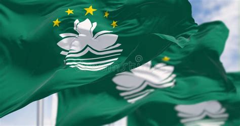 Close Up Of Macau Flags Waving On A Clear Day Stock Illustration
