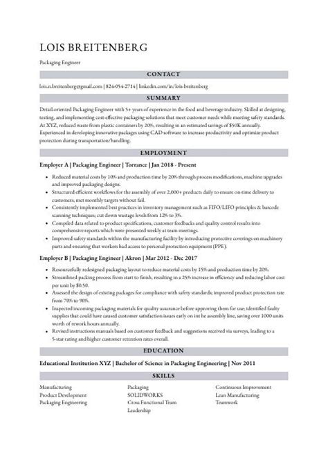 Packaging Engineer Resume Cv Example And Writing Guide