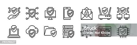 방패 보안 보호 기술 얇은 선 아이콘 세트 안전 보안 보호 기호 클라우드 컴퓨팅 서버 빅 데이터 스토리지 장치 웹 사이트 메시지 칩 사이버 암호화를 포함합니다 벡터 일러스트