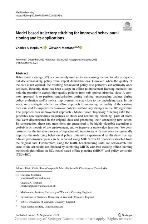 Pdf Model Based Trajectory Stitching For Improved Behavioural Cloning And Its Applications