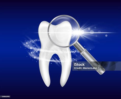 치과 의사 광고는 치아 미백 충치 치유를 제공합니다 벡터 포스터 장식 흰색 빛나는 소용돌이와 3d 돋보기 전문 치료 개념 고급 의료 접근 보장 신뢰에 대한 스톡 벡터 아트