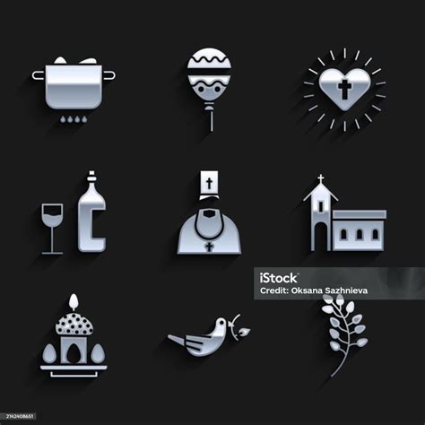세트 사제 평화 비둘기 올리브 가지 버드 나무 잎 교회 건물 부활절 케이크와 달걀 와인 병 유리 기독교 십자가 하트 및 달걀 냄비 아이콘 벡터 0명에 대한 스톡 벡터 아트