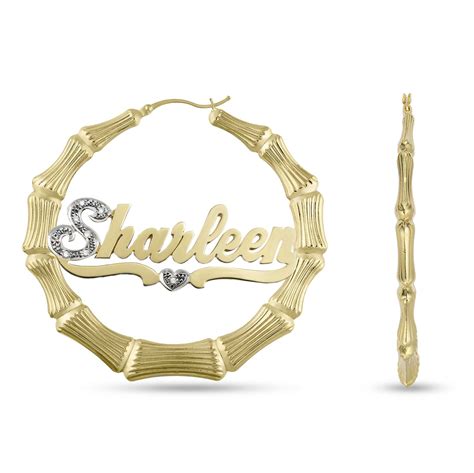 Ladies Diamond Script Name Plate Bamboo Hoop Earrings 14k Gold Style 41