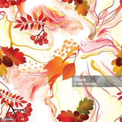 가을 물결 모양의 선 완벽 한 패턴 흐르는 물결 모양과 나뭇잎이 있는 가을의 유기적 질감 아름 다운 수채화 가을 자연 배경 0명에 대한 스톡 벡터 아트 및 기타 이미지