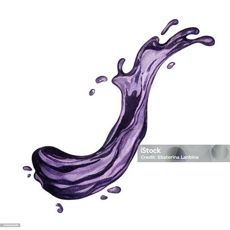 보라색 열매의 스플래시 주스 아사이 수채화 그림은 흰색으로 분리되어 있습니다 열대 과일 보라색 액체 손으로 그렸습니다 포장 메뉴 라벨 음료 아이스크림 식기 디자인 요소 물이