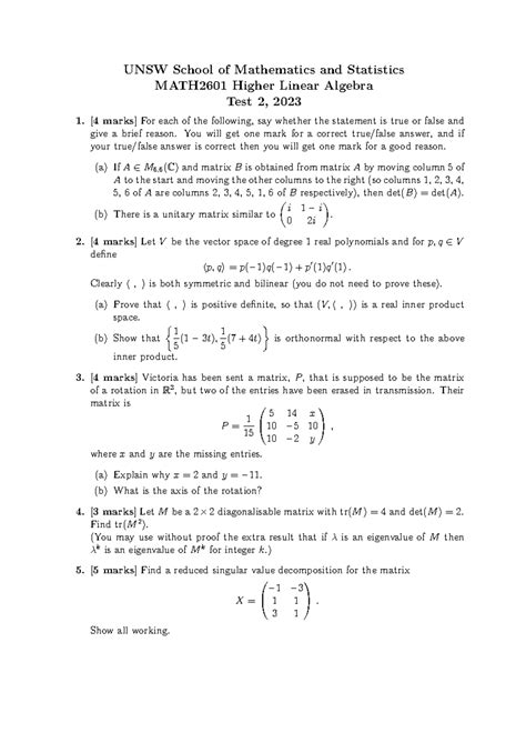 Unsw Math2601 Higher Linear Algebra Test 2 Solutions 2023 Studocu