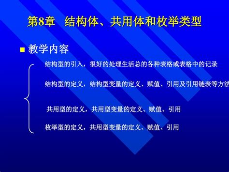 第8章 结构体、共用体和枚举类型 教学目的： 通过本章的学习，要求了解结构型、链表、共用型和枚举型数据的特点，熟练掌握结构型的定义方法，结构型