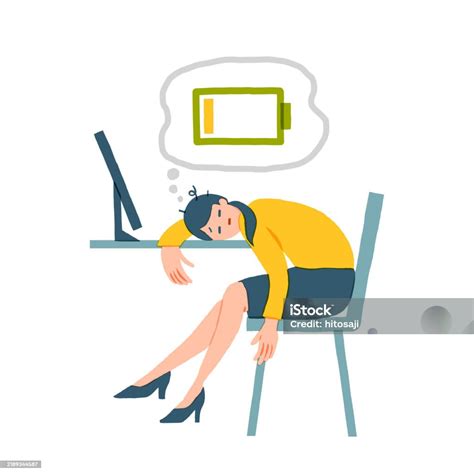 열심히 일하는 것에 지친 여자 직장에서 졸린 여자 사무실에 있는 여자는 노트북과 미루는 테이블 과로한 불행한 사람 배터리 충전이 필요합니다 현대 유행 일러스트 플랫 스타일
