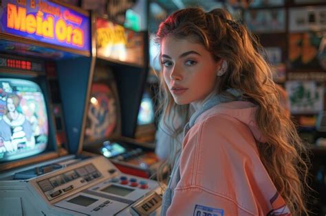 Young Woman Playing Arcade Games In A Retro 90s Game Room Premium Ai Generated Image