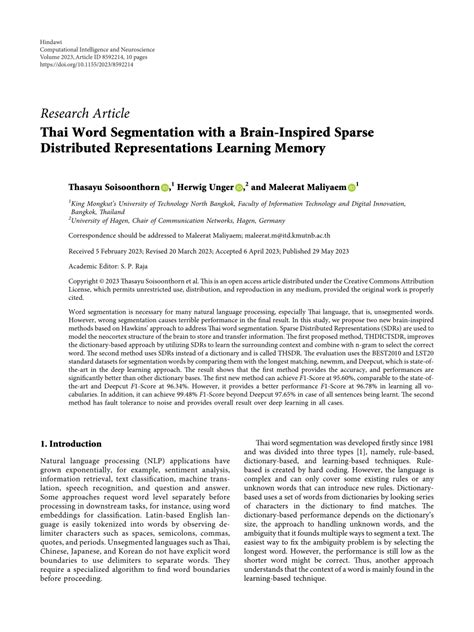 Pdf Thai Word Segmentation With A Brain Inspired Sparse Distributed