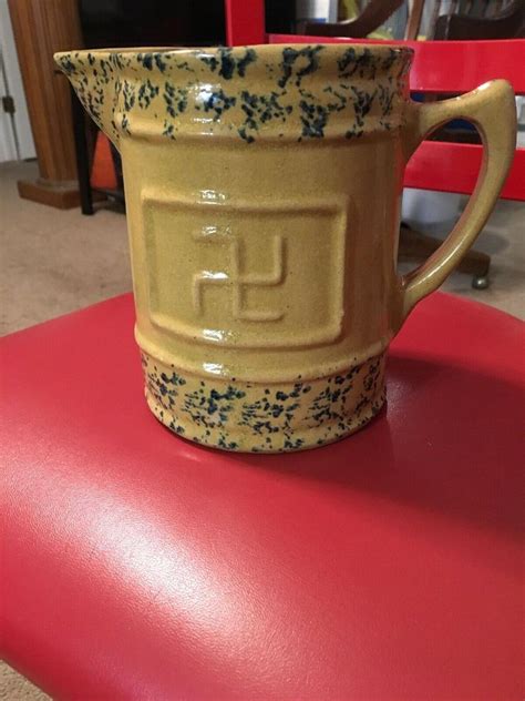 Rare Antique Pitcher Indian Swastika Folk Art Country Kitchen Stoneware